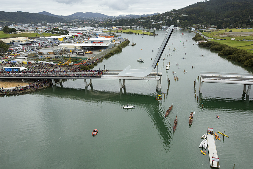 Knight’s New Zealand 'fish hook' bridge opens - literally