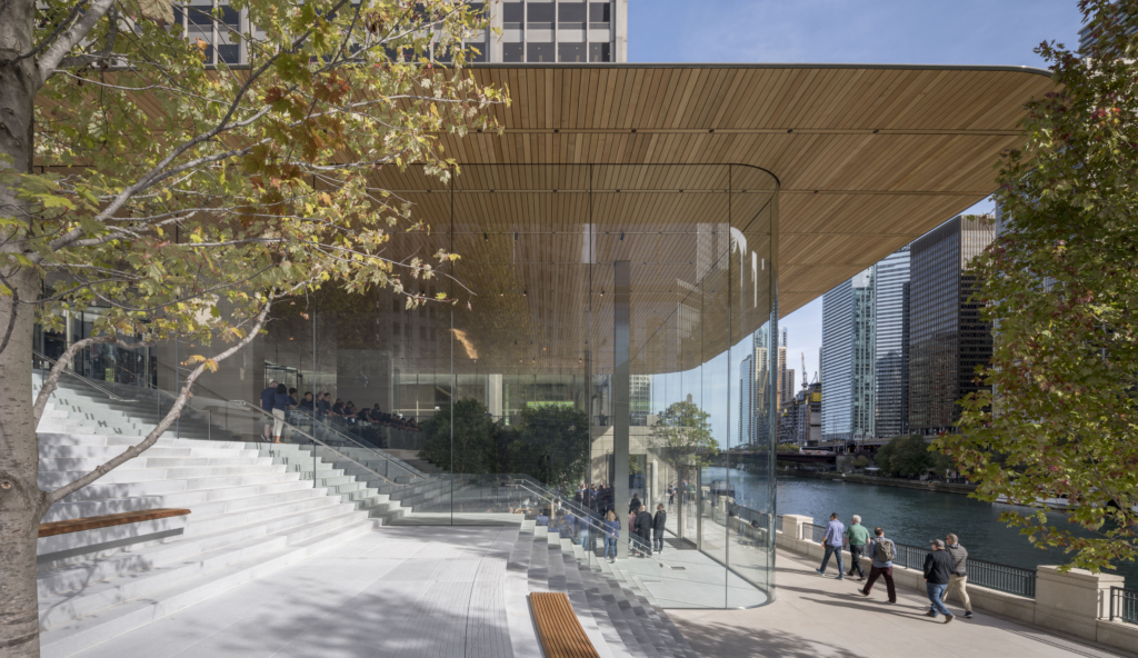 Foster + Partners' Chicago Apple Store cascades down to meet the river