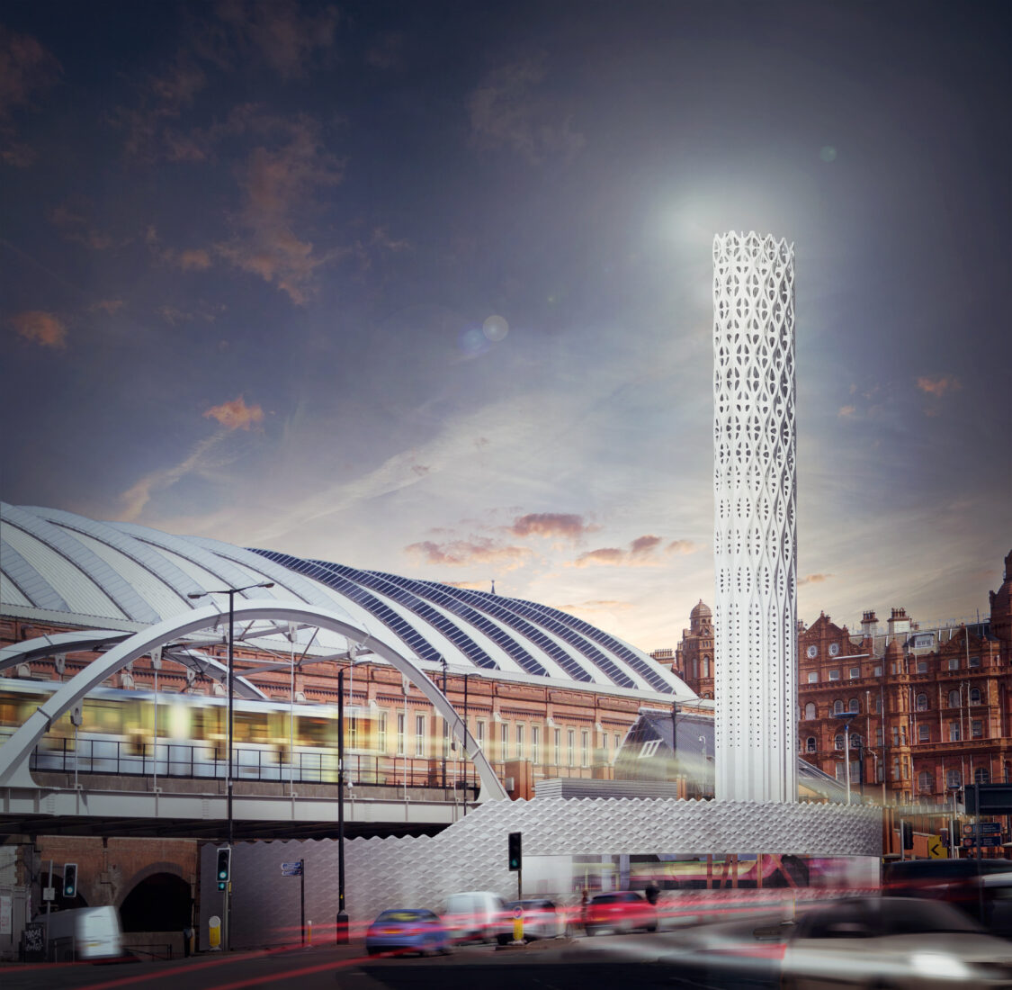 Wraps taken off Tonkin Liu’s sculptural Tower of Light in Manchester
