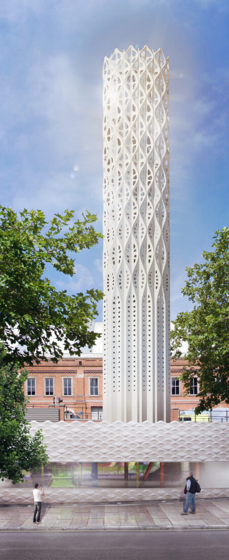 Wraps taken off Tonkin Liu’s sculptural Tower of Light in Manchester