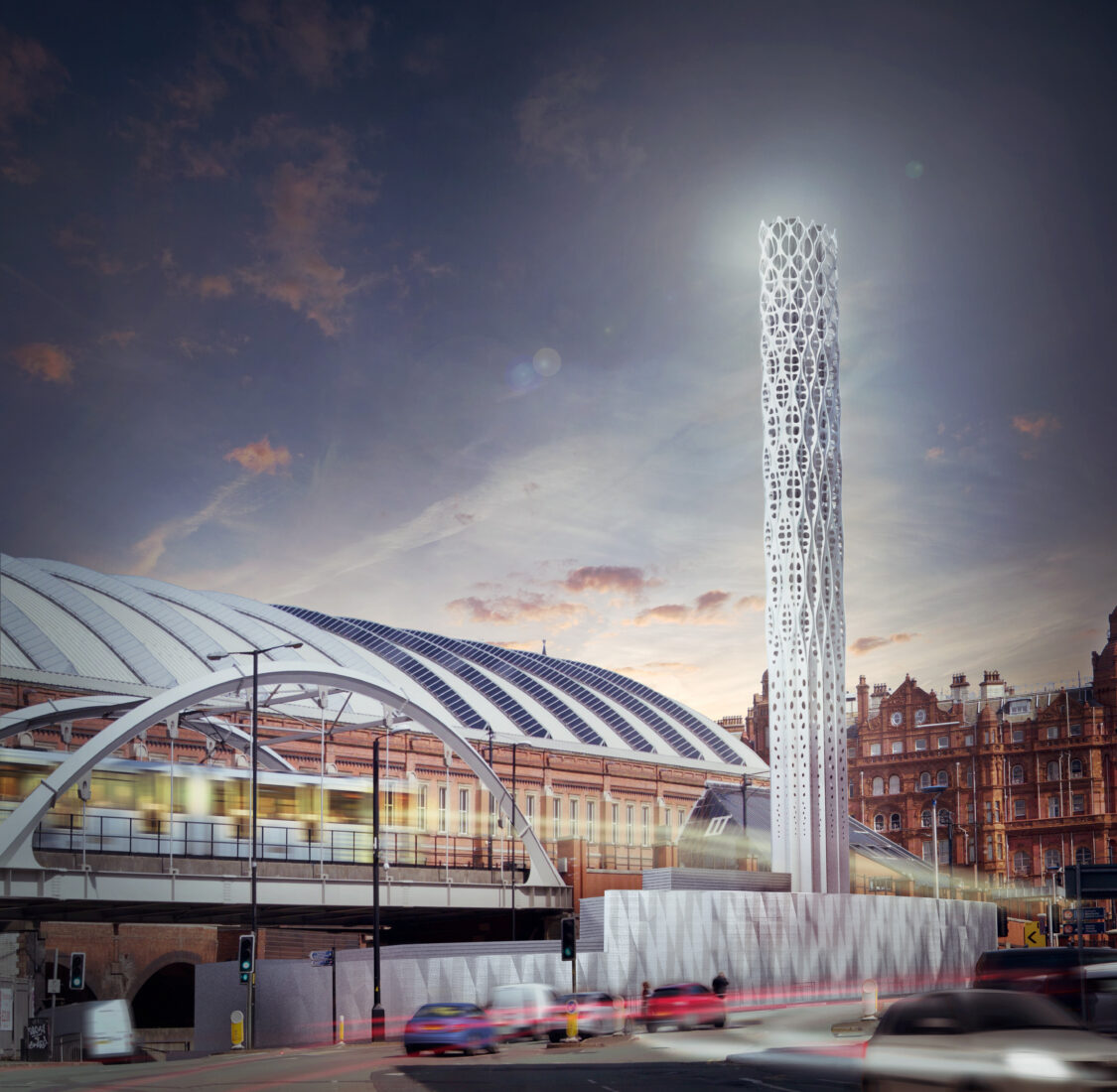 Wraps taken off Tonkin Liu’s sculptural Tower of Light in Manchester