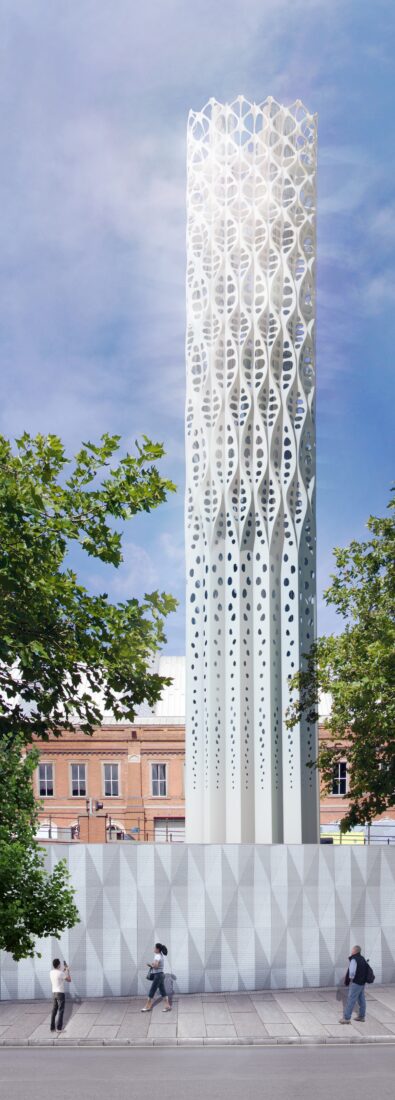 Wraps taken off Tonkin Liu’s sculptural Tower of Light in Manchester