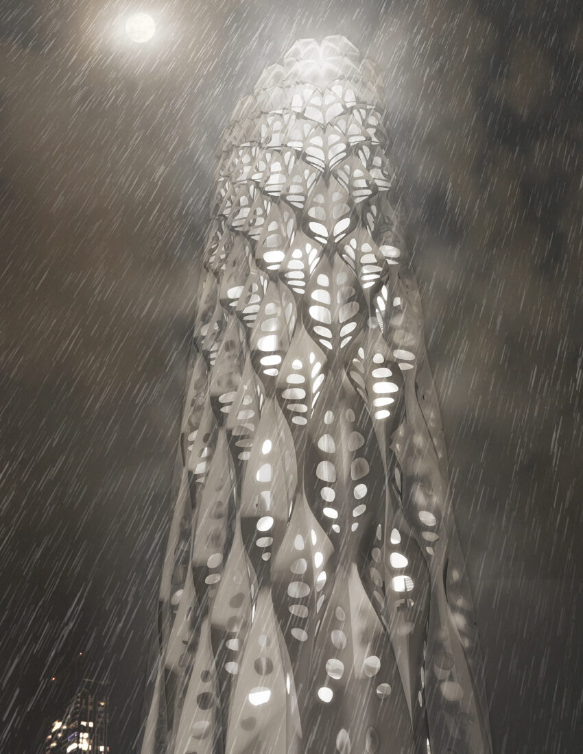 Wraps taken off Tonkin Liu’s sculptural Tower of Light in Manchester