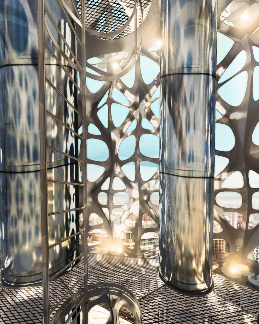 Wraps taken off Tonkin Liu’s sculptural Tower of Light in Manchester