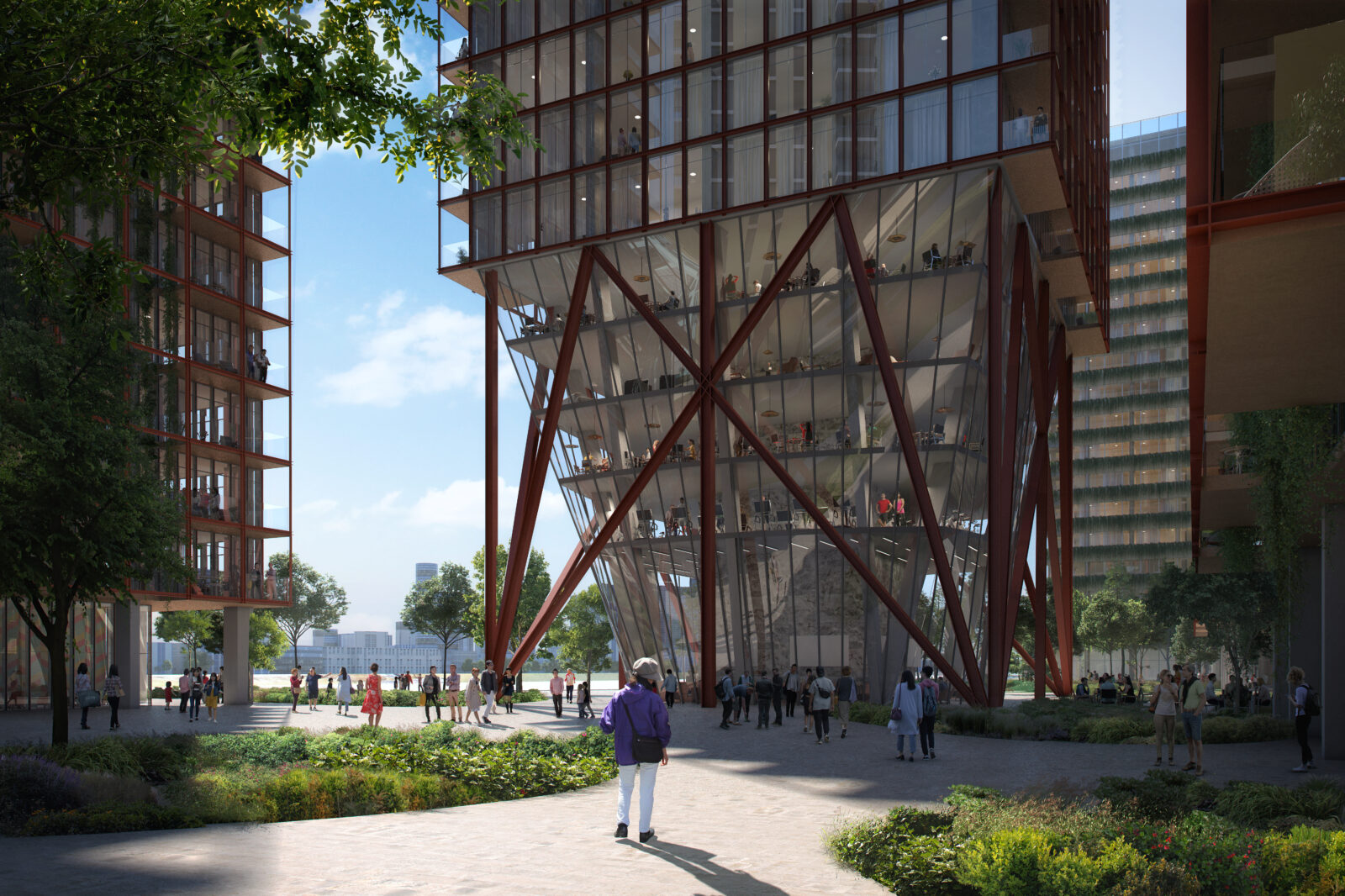OMA reveals ‘green façade’ tower cluster on Greenwich Peninsula